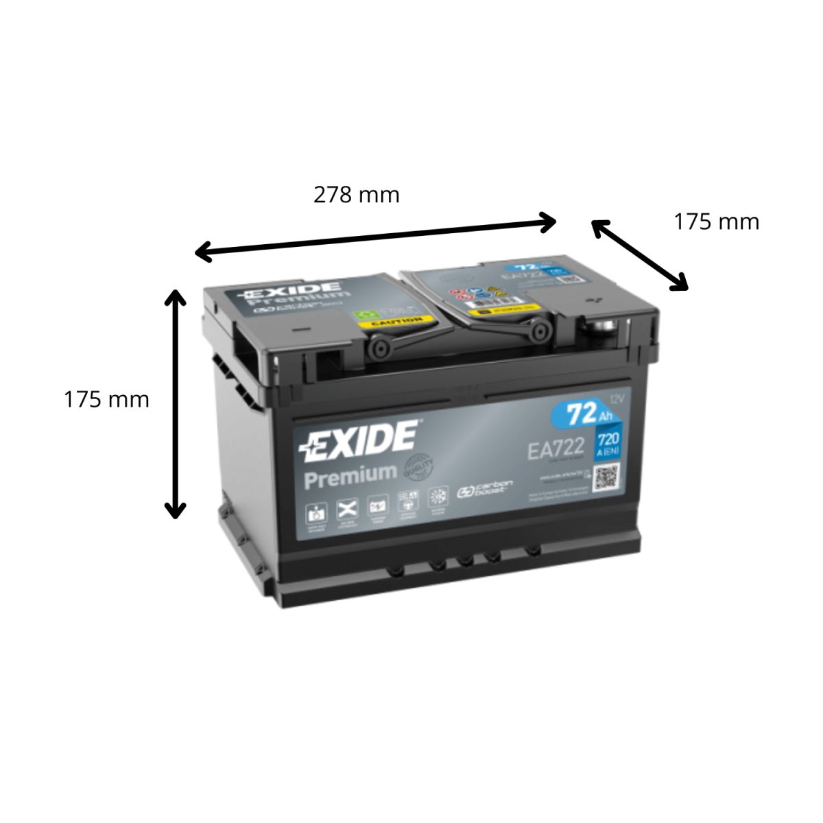 BATTERIE EXIDE PREMIUM EA722 12V 72AH 720A - Batteries Auto, Voitures ...