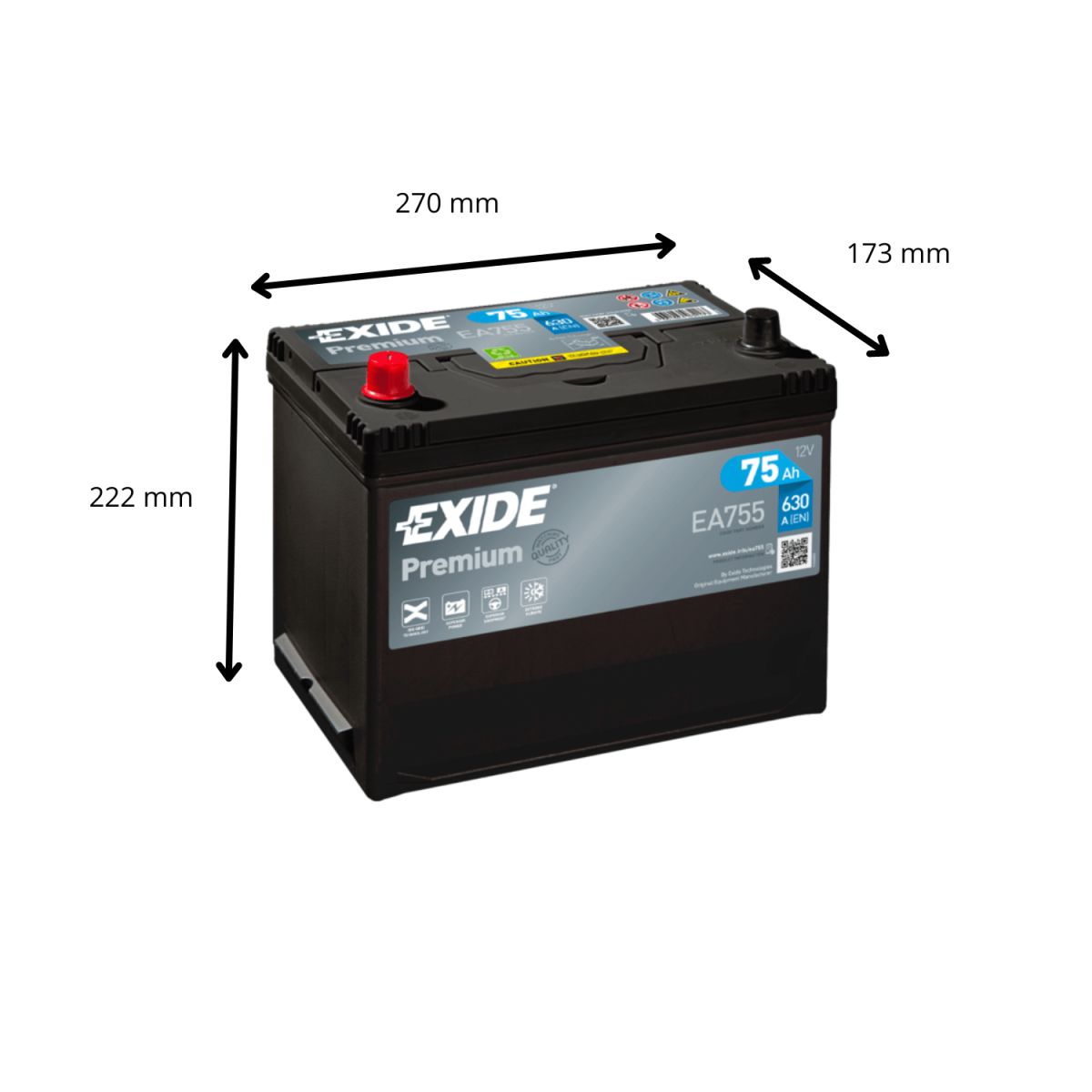 BATTERIE EXIDE PREMIUM EA755 12V 75AH 630A - Batteries Auto, Voitures ...